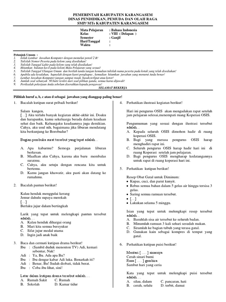 Soal Ujian Bahasa Indonesia Kelas VIII SMP Semester Ganjil