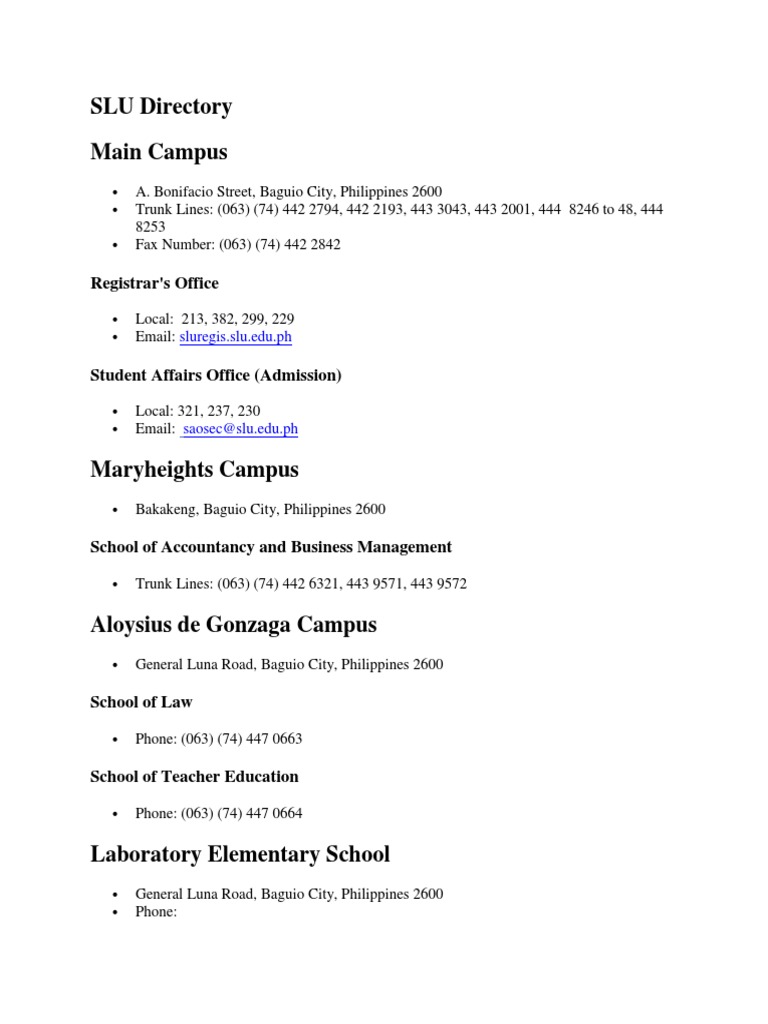 SLU Directory Main Campus: Registrar's Office | PDF
