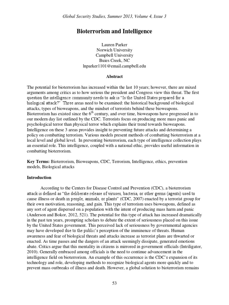 Bioterrorism and Intelligence.pdf | Biological Warfare | Bioterrorism