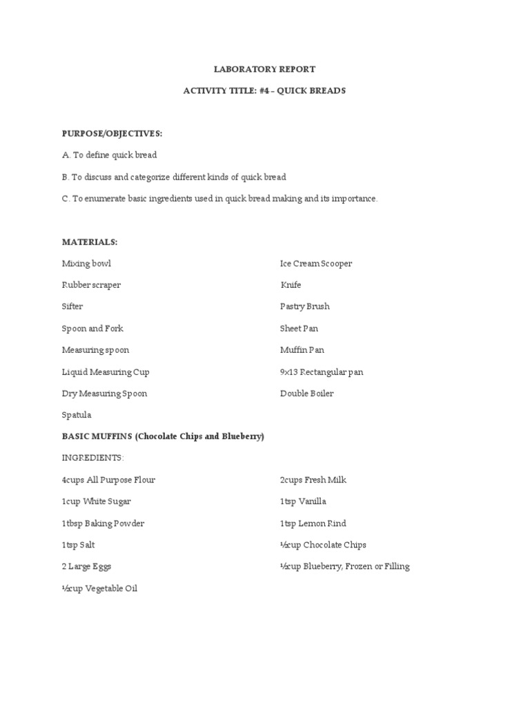 Laboratory Report Activity Title: #4 - Quick Breads | PDF | Meringue | Baked Goods
