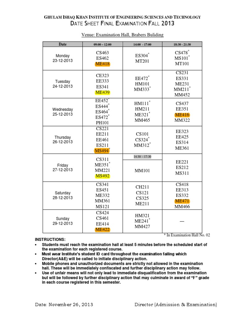Final Date Sheet Fall 2013 | PDF