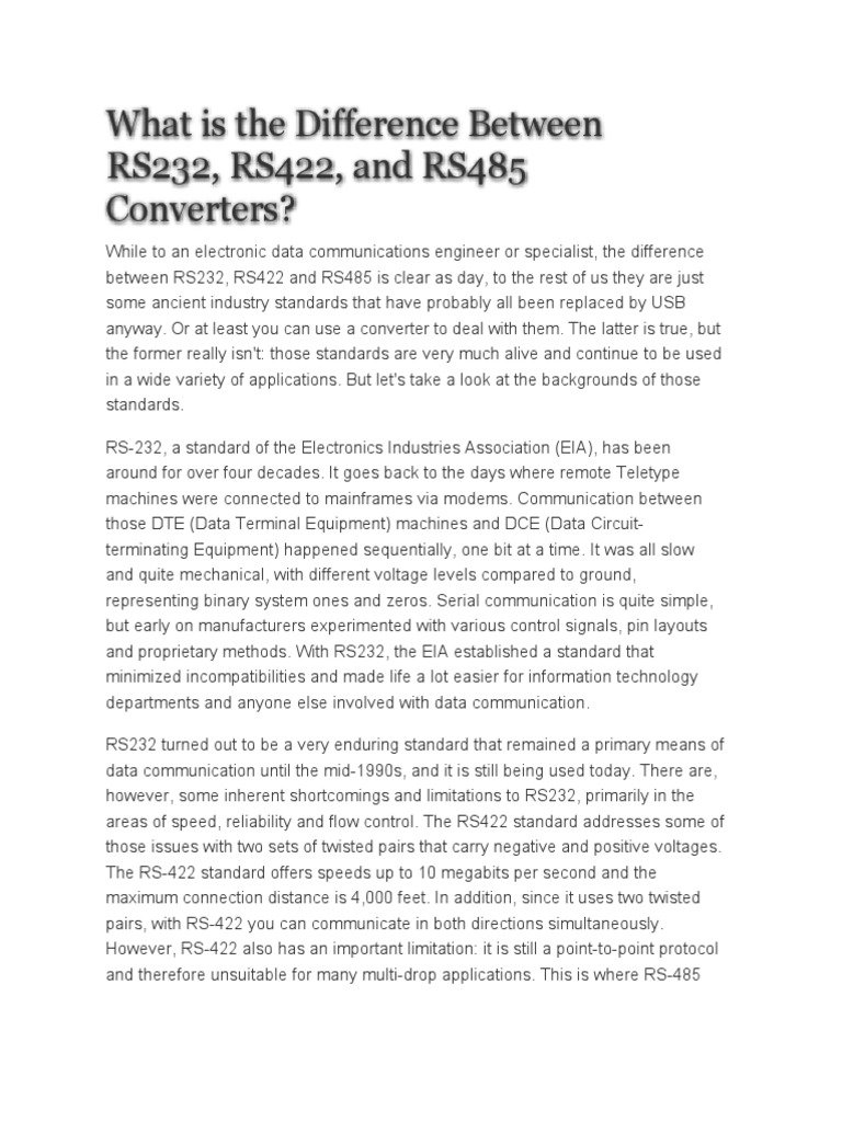 Difference Between RS232, RS422, and RS485 Converters | PDF | Electrical Connector | Physical ...