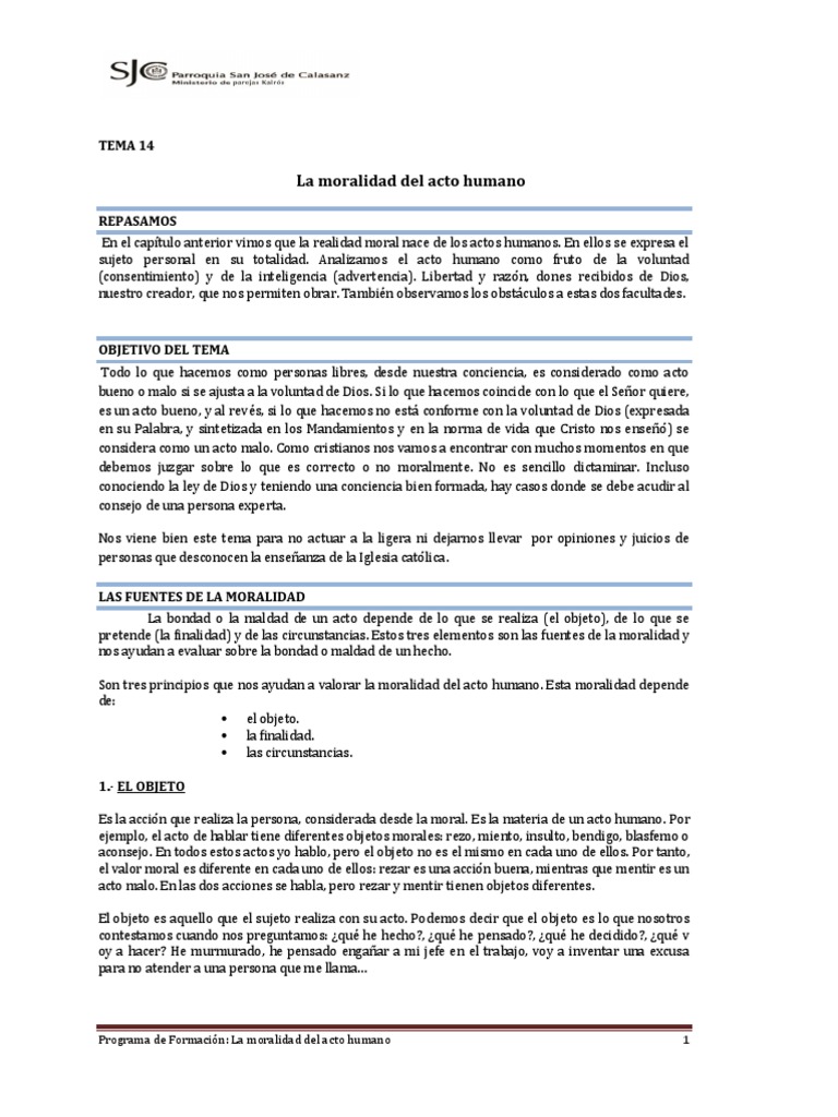 Tema 14 - La Moralidad Del Acto Humano PDF | PDF | Moralidad | Religión y creencia