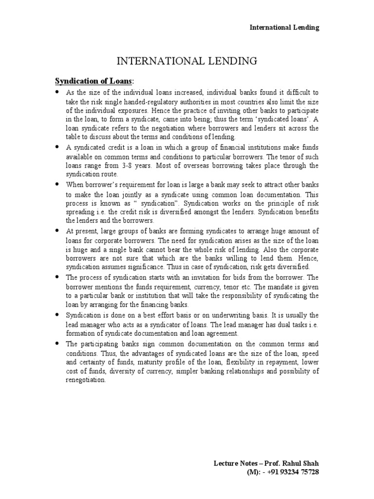 International Lending: Syndication of Loans | PDF | Loans | Demand For ...