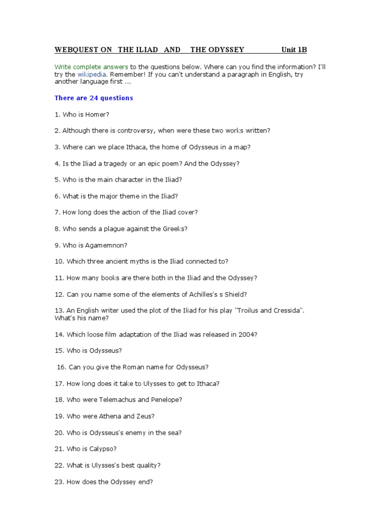 Webquest On The Iliad and The Odyssey Unit 1b | PDF | Young Adult ...