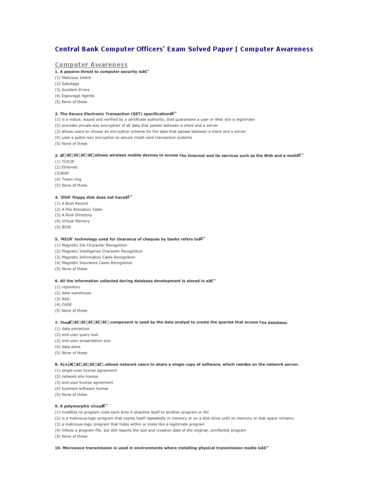 Computer Awareness: Central Bank Computer Officers' Exam Solved Paper ...