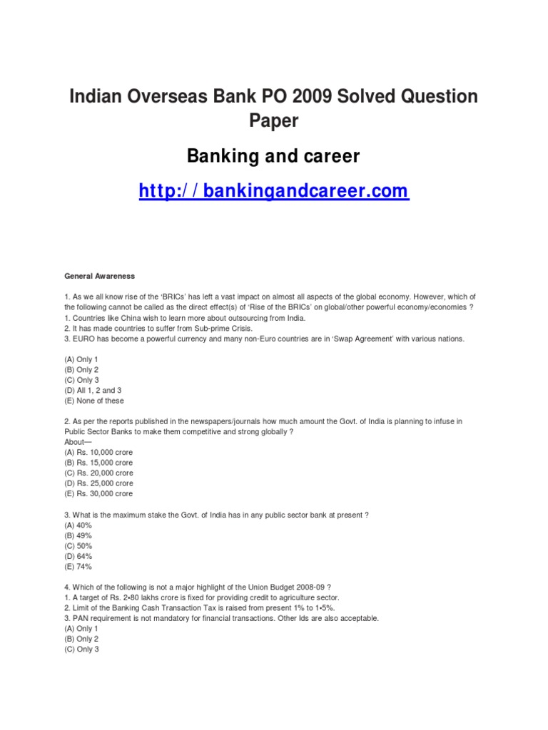 Indian Overseas Bank PO 2009 Solved Question Paper | PDF | Loans ...