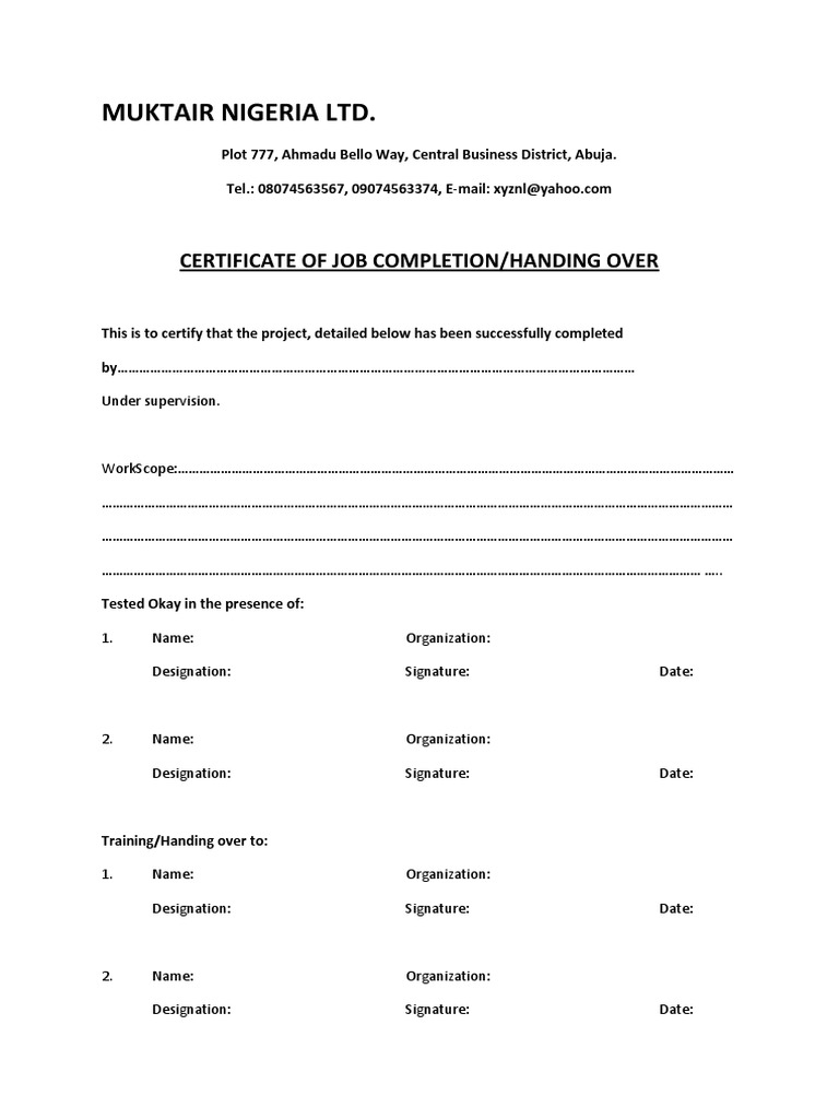 Muktair Nigeria LTD.: Certificate of Job Completion/Handing Over | PDF