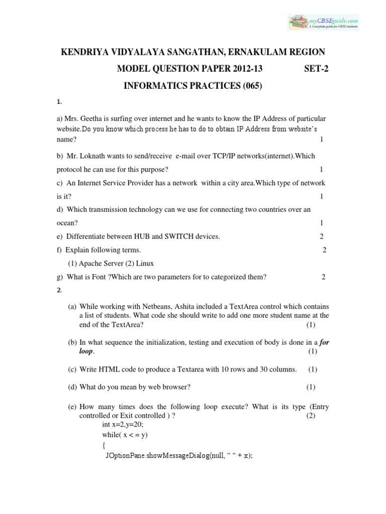 Kendriya Vidyalaya Sangathan, Ernakulam Region Model Question Paper 2012-13 Set-2 Informatics ...