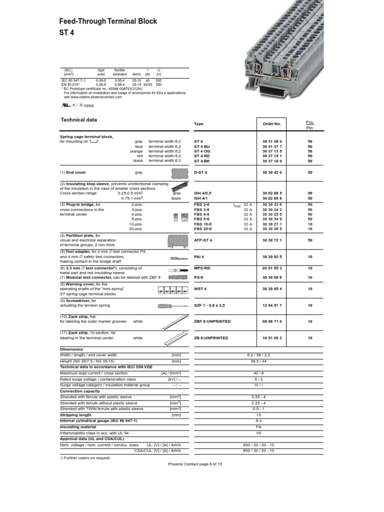 Feed-Through Terminal Block ST4: Technical Data | PDF | Electrical ...