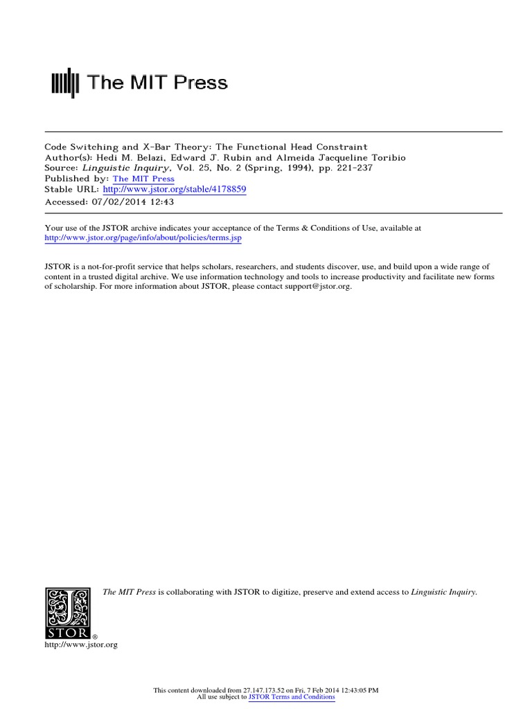 Code Switching and X-Bar Theory: The Functional Head Constraint | PDF | Adjective | Linguistic ...