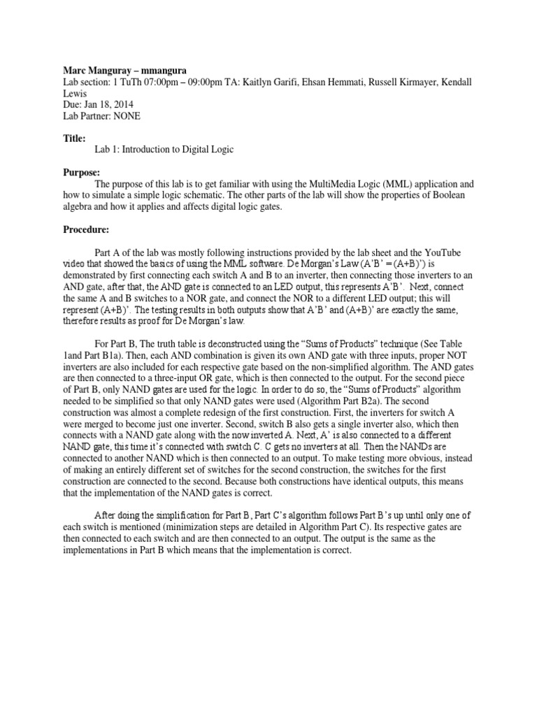 Introduction To Digital Logic Lab Report | PDF | Logic Gate | Digital ...
