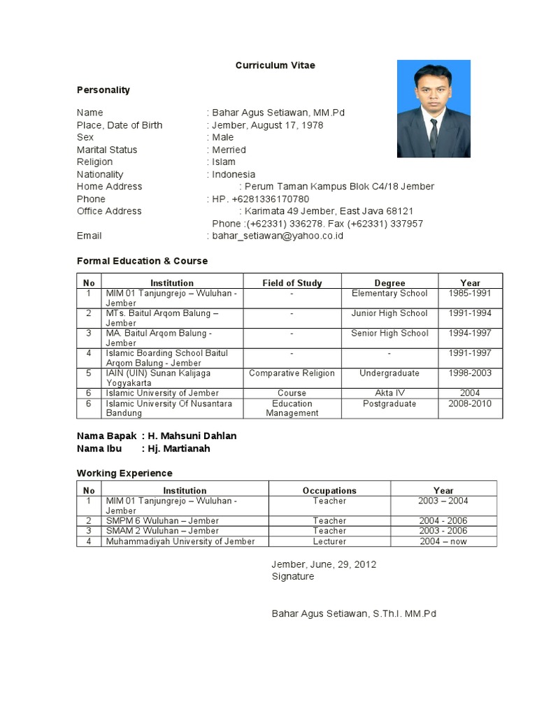 Bahar Agus Setiawan's CV Summary | PDF