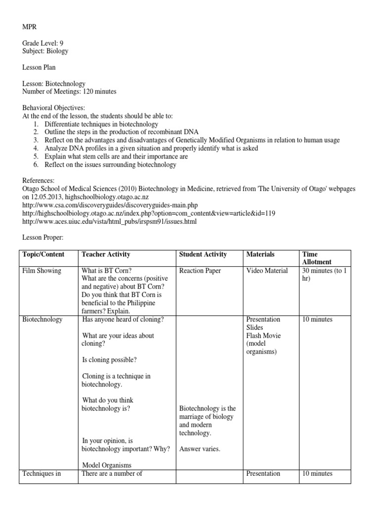 Lesson Plan Biotech PH | PDF | Molecular Cloning | Plasmid