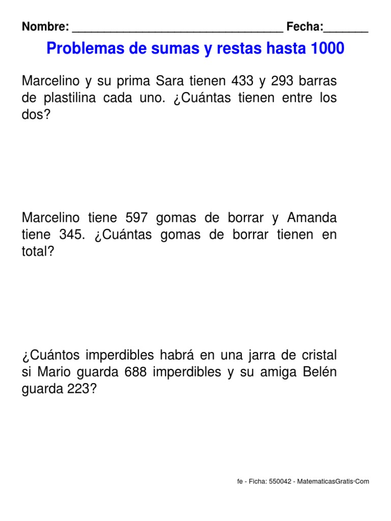 Problemas Sumas Restas 200 A 1000 | PDF