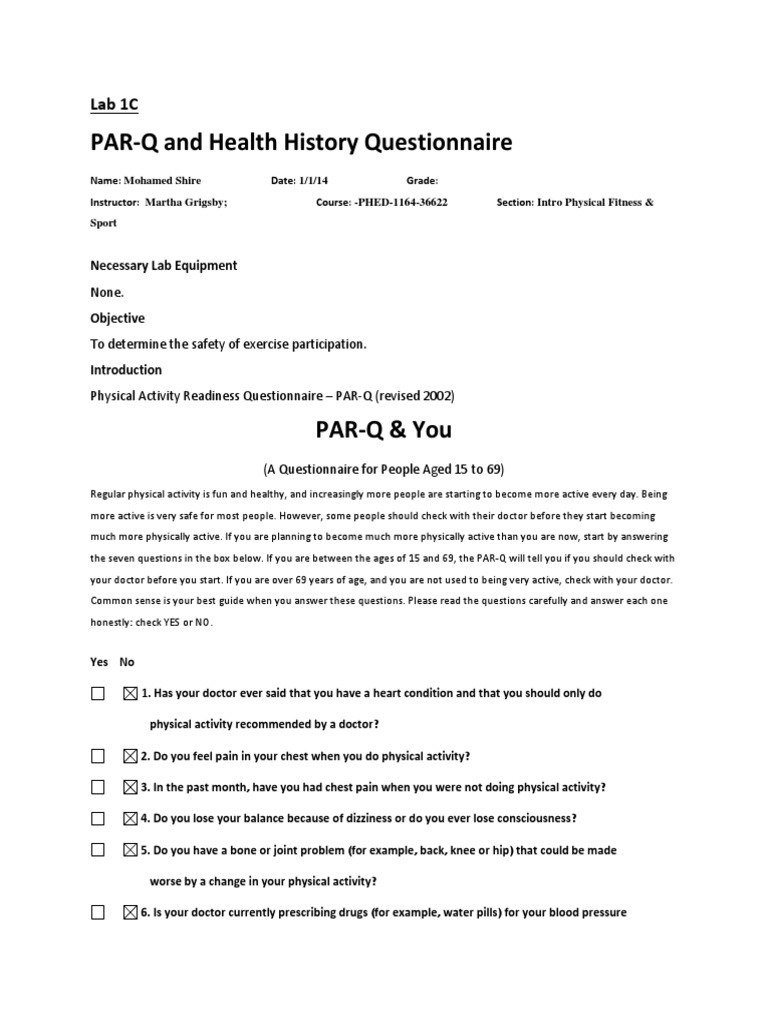 Lab 1C PAR-Q and Health History Questionnaire | PDF | Physical Exercise ...
