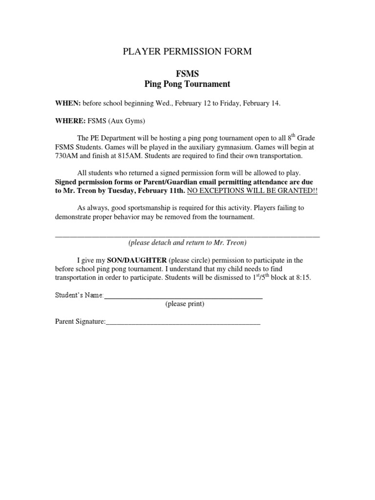 FSMS 8th Grade Ping Pong Tournament Form | PDF | Sports & Recreation