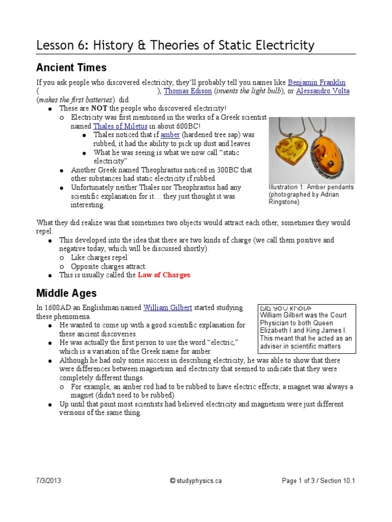 Lesson 6: History & Theories of Static Electricity: Ancient Times | PDF ...