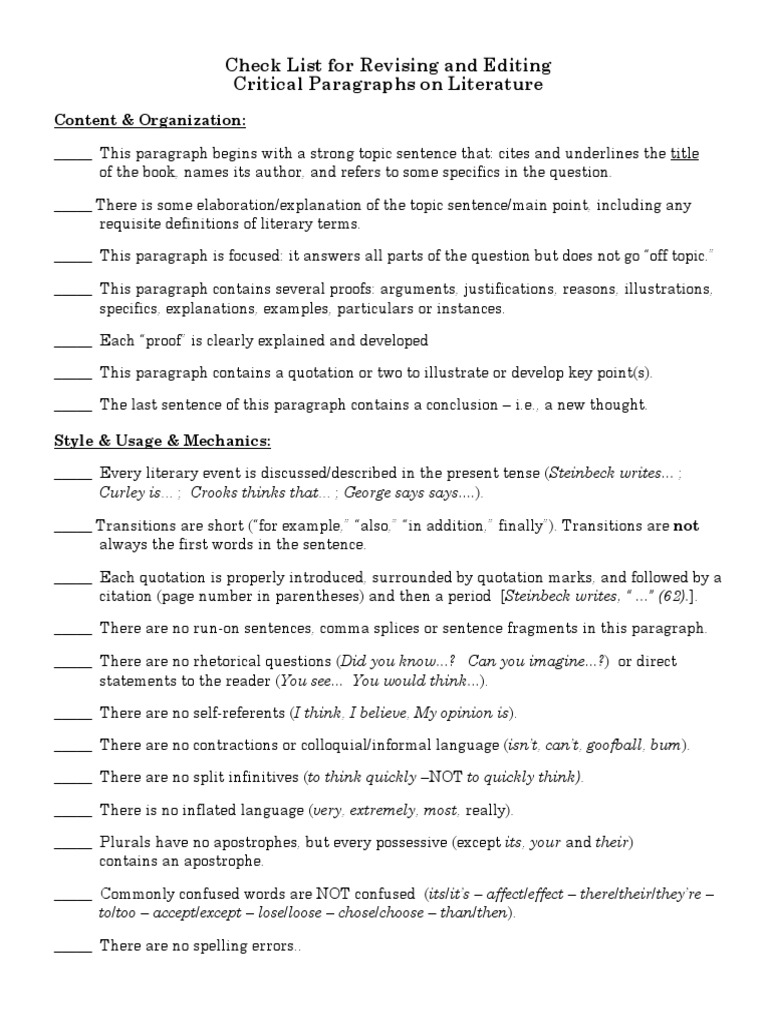 Check List For Revising-Editing Critical Paragraphs | PDF | Philosophy ...