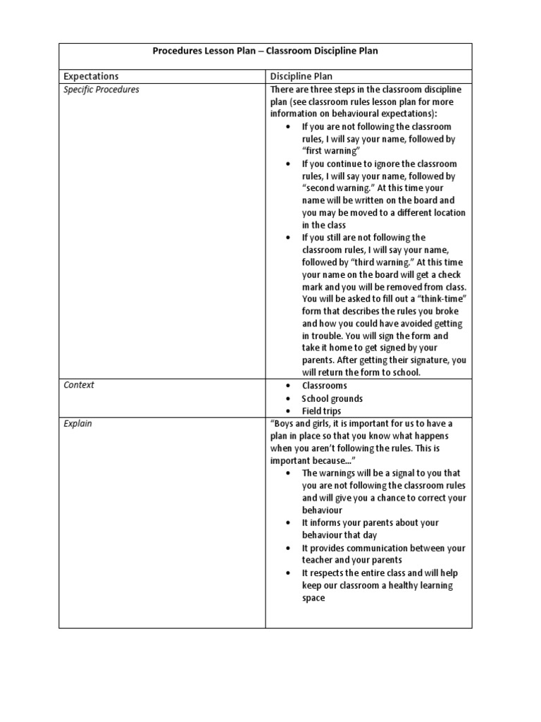 Procedures Lesson Plan - Classroom Discipline Plan | PDF | Classroom ...
