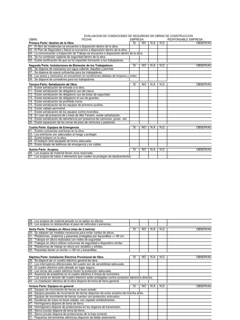 Check List Obras de Construccion