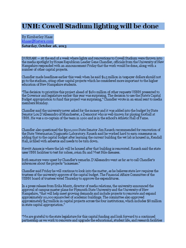 Fosters 10-26-2013 UNH Cowell Stadium Lighting and PSU Projects Will Be ...