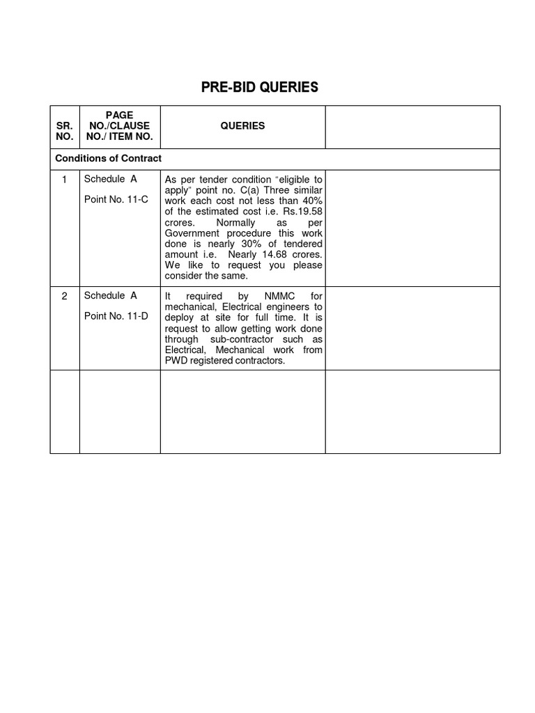 Pre-Bid Queries for Tender Conditions | PDF