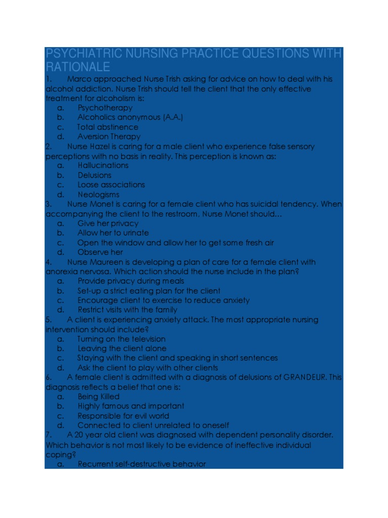 Psychiatric Nursing Practice Questions With Rationale | PDF