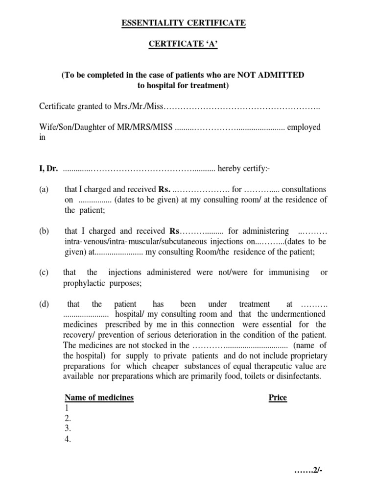 Medical Essential Certificate-A | Patient | Hospital