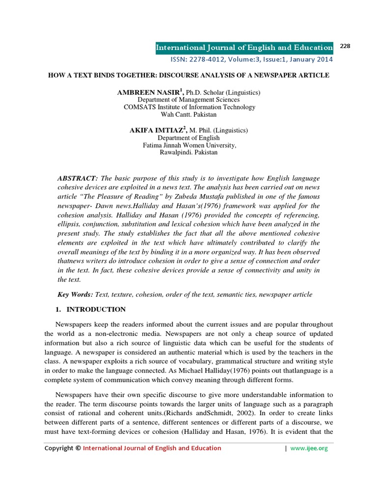 Discourse Analysis of Newspaper | PDF | Linguistics | English Language