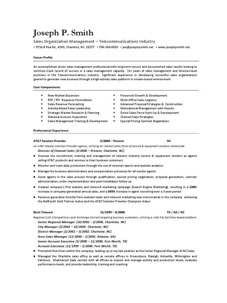 Executive Resume For Joseph P. Smith - Telecom Sales Management | PDF ...
