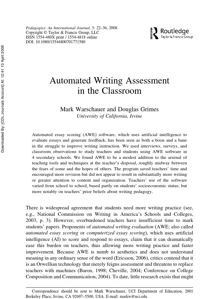 Automated Writing Assessment Pdf Essays Standardized Tests