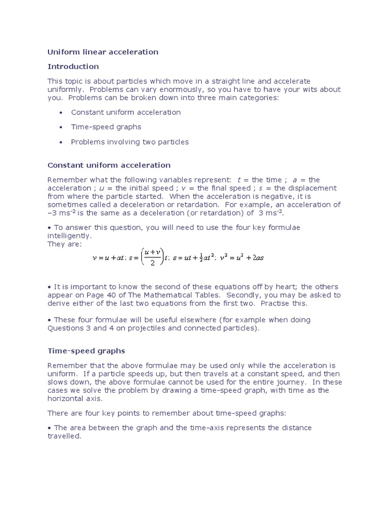 Uniform Linear Acceleration | Download Free PDF | Acceleration | Motion (Physics)