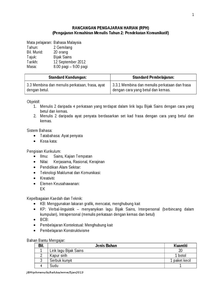 Rancangan Pengajaran Harian (RPH) (Pengajaran Kemahiran Menulis Tahun 2: Pendekatan Komunikatif ...