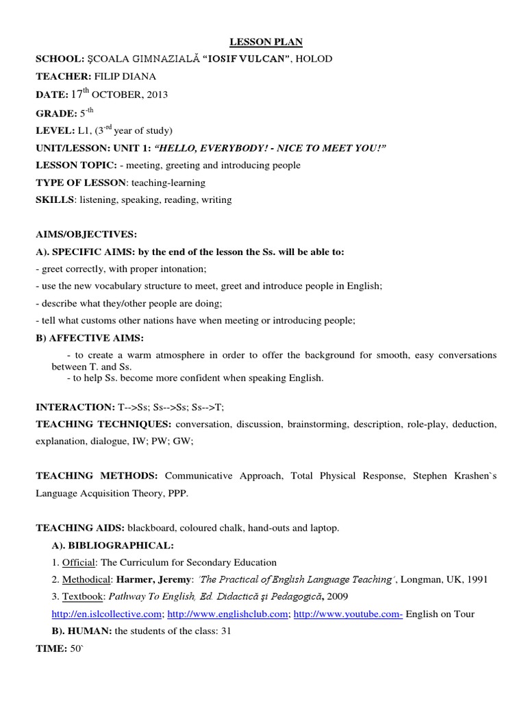 Lesson Plan V Nice To Meet You | PDF | Vocabulary | Lesson Plan