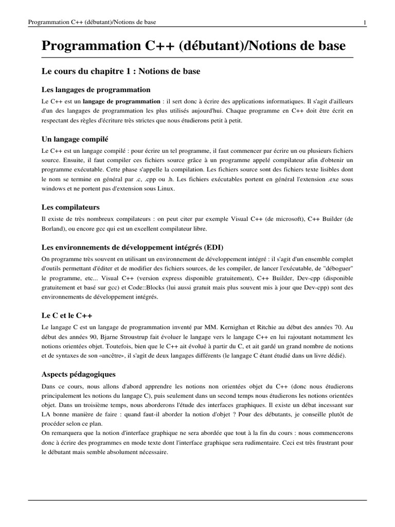 Introduction au C++ pour Débutants | PDF | C (Langage de programmation ...