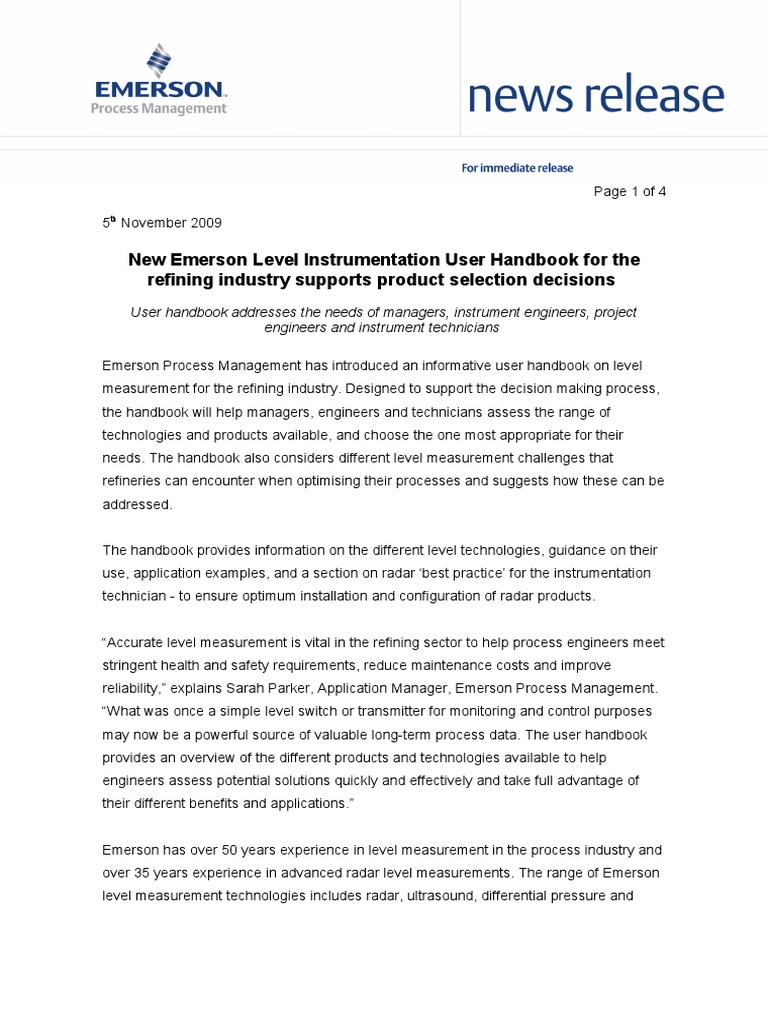 New Emerson Level Instrumentation User Handbook For The Refining ...