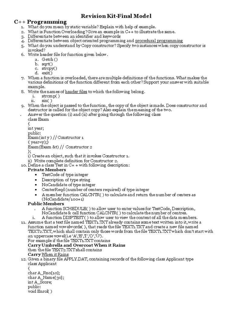 Important Questions Xii Computer Science Cbse Pdf Constructor Object Oriented Programming