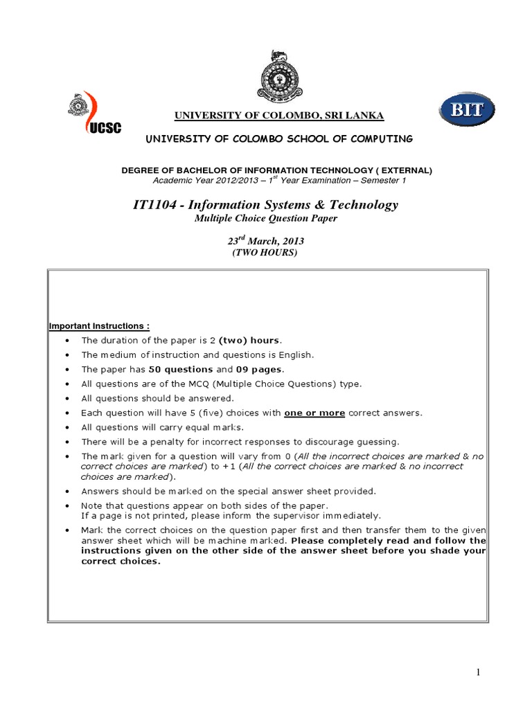 IT1104 - Information Systems & Technology: University of Colombo, Sri ...