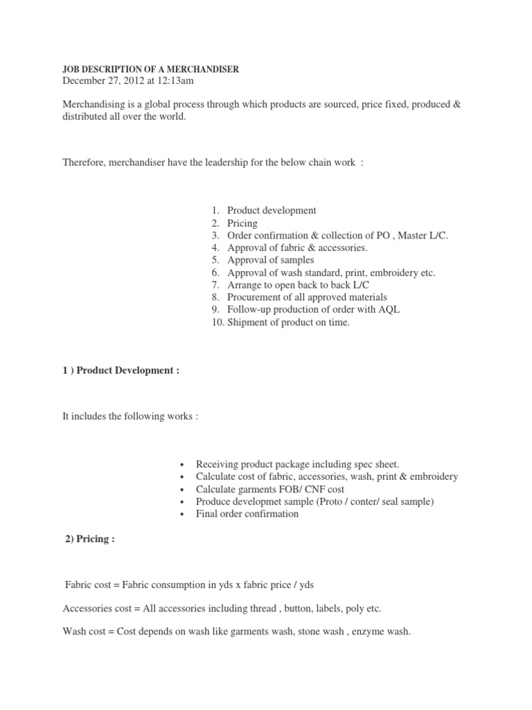 Job Description of a Merchandiser | Procurement | Textiles
