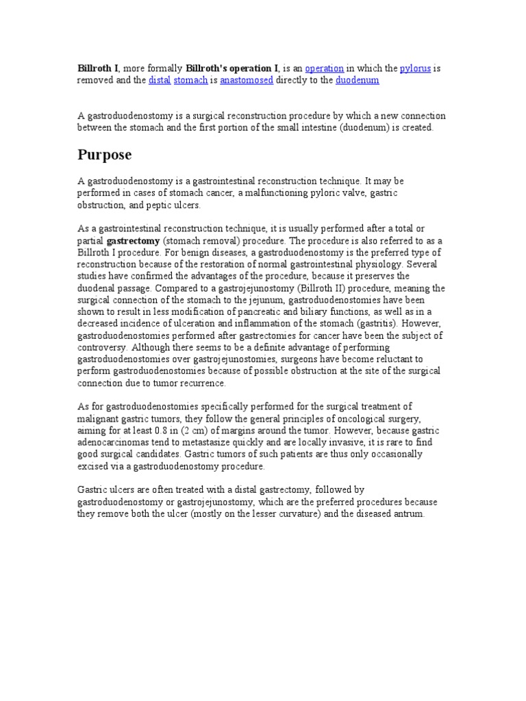 Purpose: Billroth I, More Formally Billroth's Operation I, Is An ...