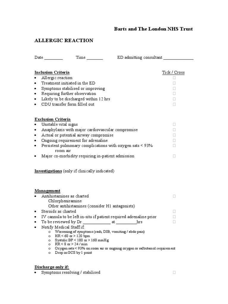 CEM6055 Allergic Reaction Protocol (Barts) | PDF | Allergy | Patient