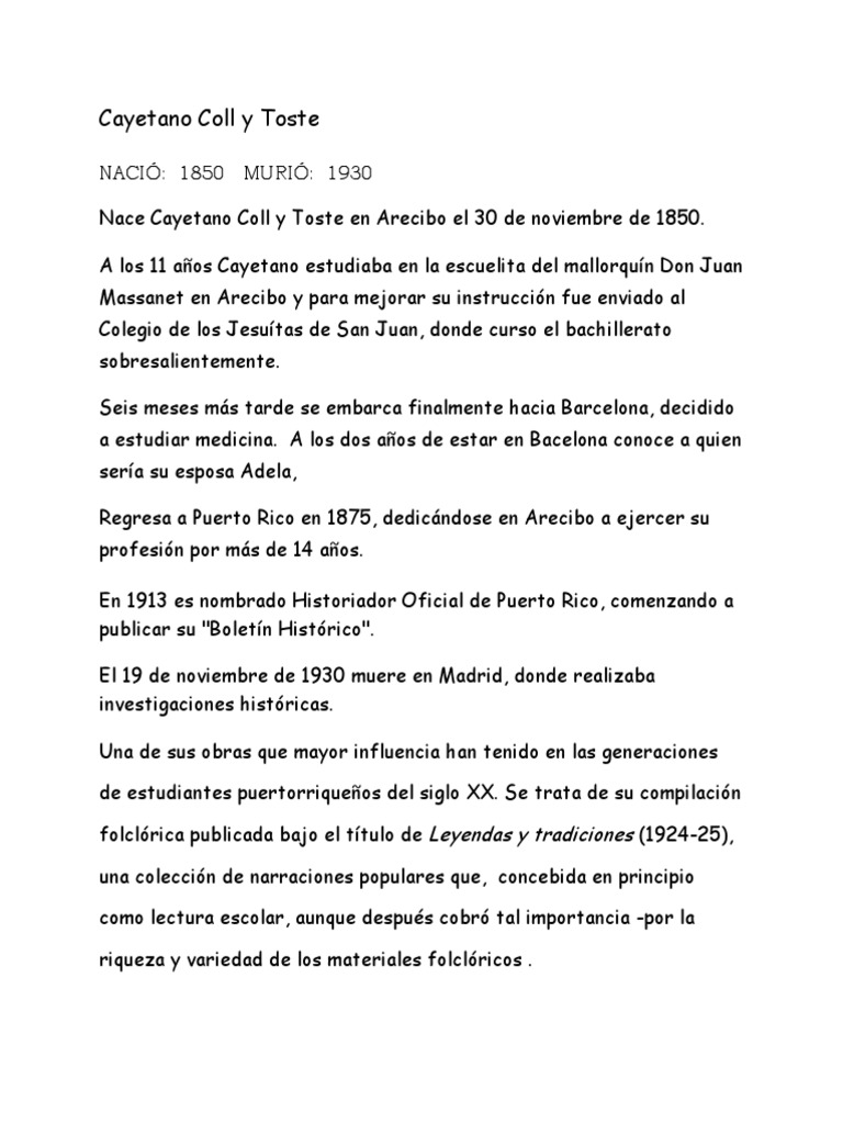 Biografia de Cayetano Coll y Toste | Escuelas