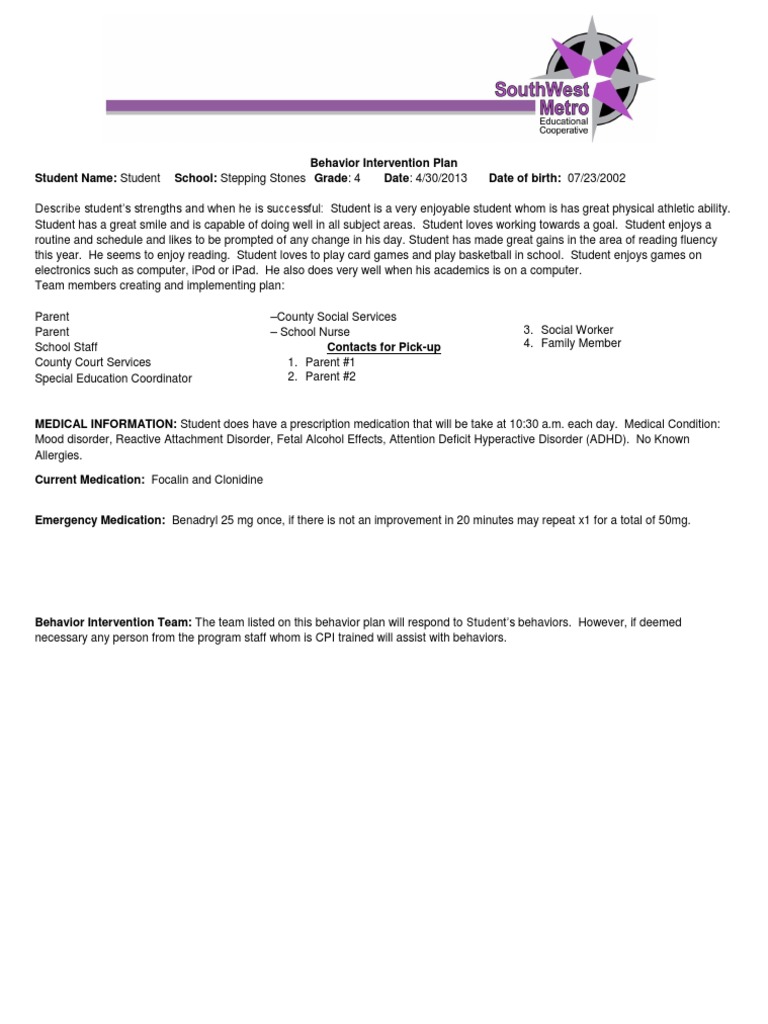 Behavior Intervention Plan Sample | PDF | Attention Deficit ...