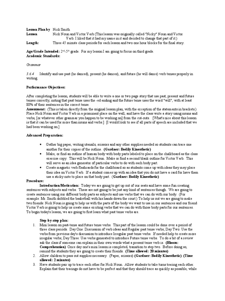 Nick Noun and Victor Verb Adapted Lesson Plan Written by Me | PDF | Grammatical Tense | Lesson Plan