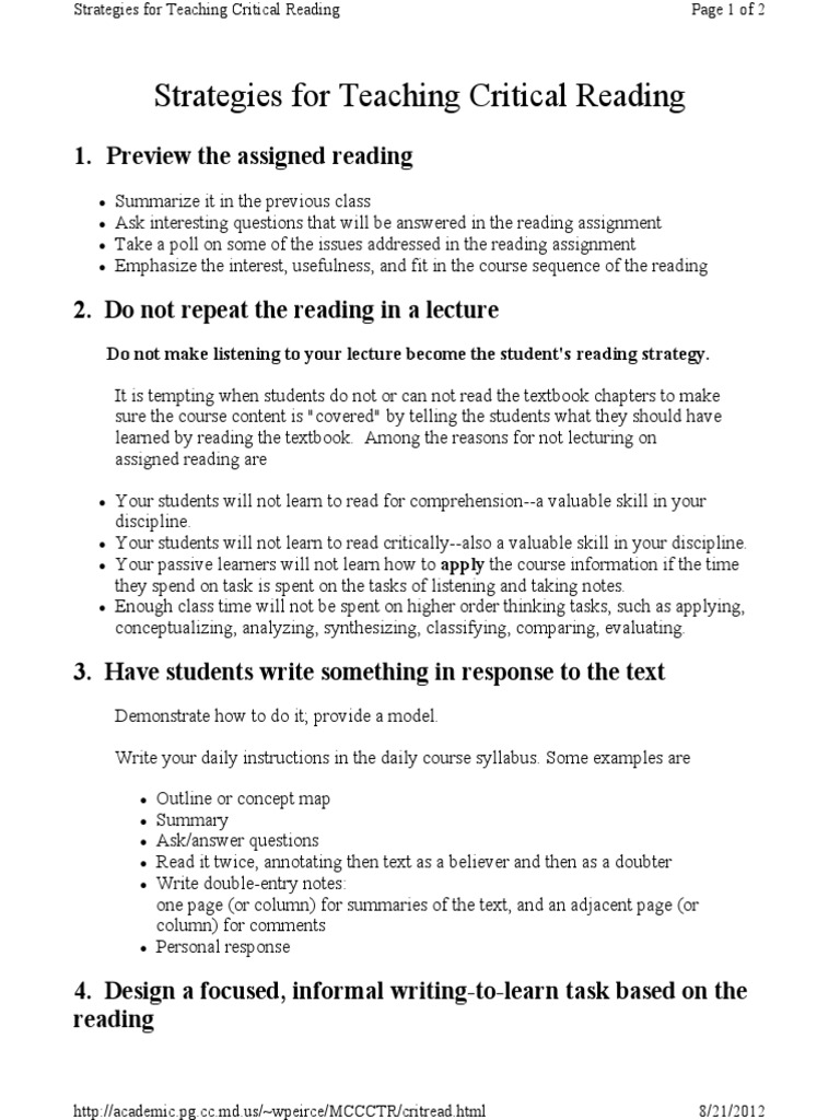 Strategies For Teaching Critical Reading: 1. Preview The Assigned ...