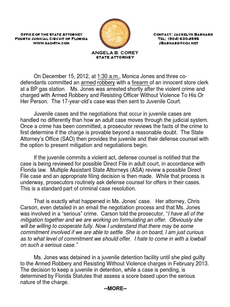 Statement from State Attorney Office | State's Attorney | Plea