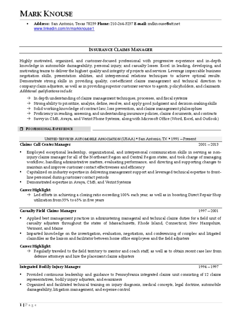 P&C Claims Service Manager in San Antonio TX Resume Mark Knouse | PDF ...