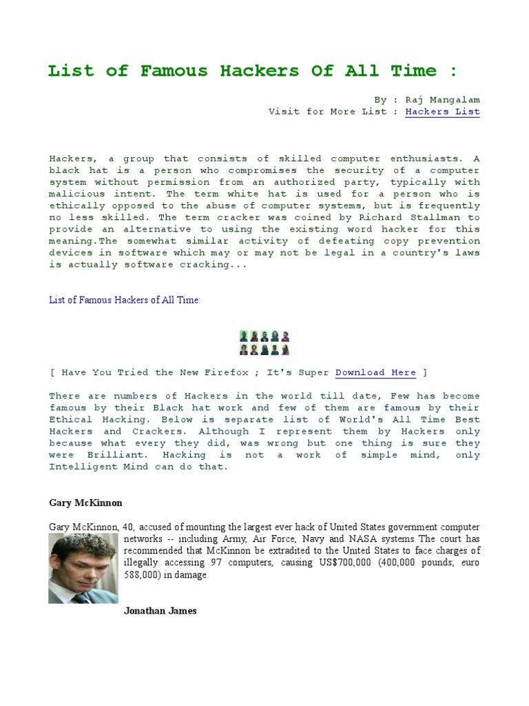 Top List of Famous Hackers of All Time | PDF | Security Hacker | White ...