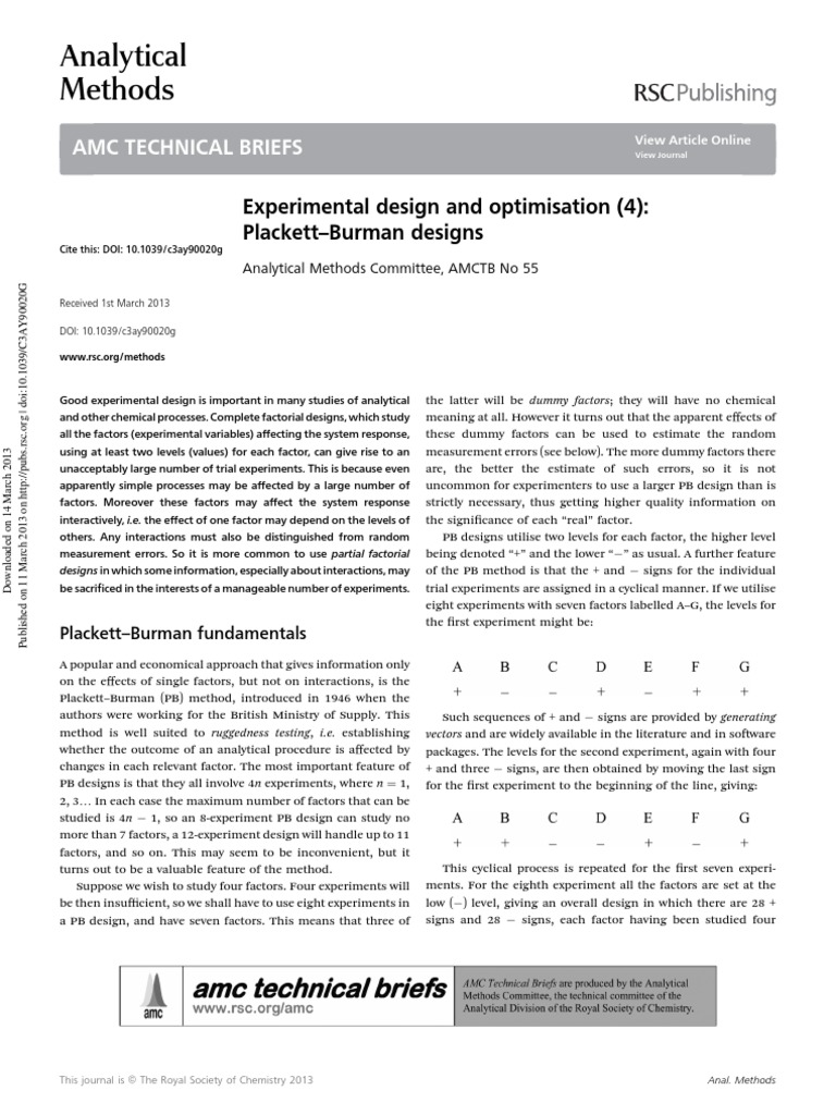 Experimental Design and Optimisation 4 Plackett Burman Designs 55 Tcm18 ...